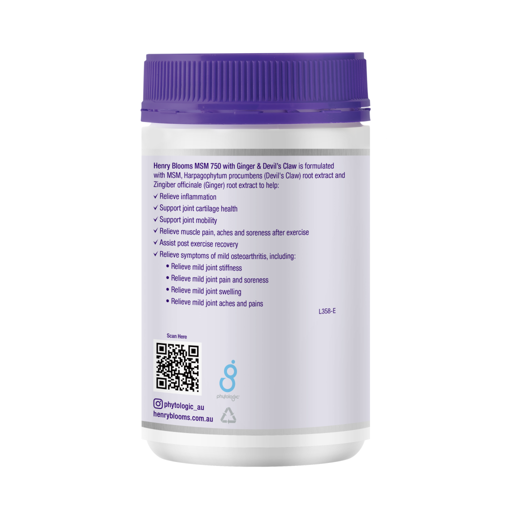 MSM 750 with Ginger & Devils Claw 120 vegetarian capsules – Henry Blooms